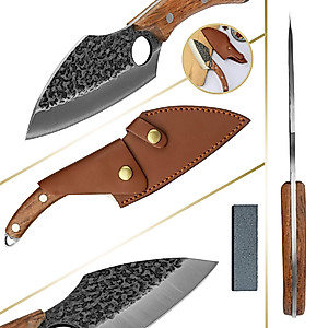 XYJ 6 inch Boning Knife Full Tang Handmade Forging Carving Knife 4Cr13 Stainless Steel Blade with Soft Leather Sleeves for Carrying Out