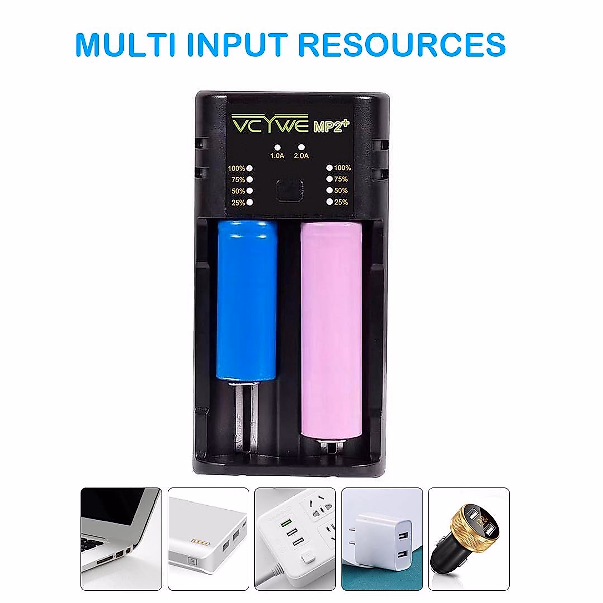 2 Slots Smart Charger Universal Intelligent LED Battery Charger 18650 Compatible with Most 3.6V/3.7V Li-Ion and Ni-MH Ni-Cd 1.2V A AA AAA C SC F6 Rechargeable Batteries Current 1.0A 2.0A Optional