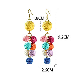 Colorful Raffia Earrings Boho Rattan Raffia Statement Drop Dangle for Women Lightweight Straw Wicker Earrings Summer Beach Vacation Earrings Jewelry Accessories Gifts (Rainbow)