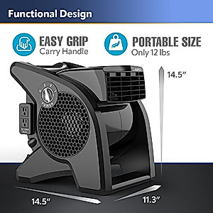 Lasko High Velocity Max Performance Pivoting Utility Blower Fan, for Cooling, Ventilating, Exhausting and Drying, Home, Job Site, 2 AC Outlets, Circuit Breaker with Reset, 3 Speeds, 14", Black, U15617