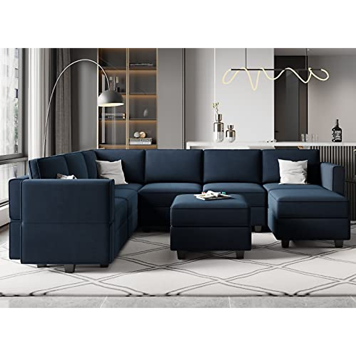 Belffin Modular Velvet Sectional Sofa with Storage Seat Oversized U Shaped Couch with Reversible Chaise Sofa Set with Ottoman Blue