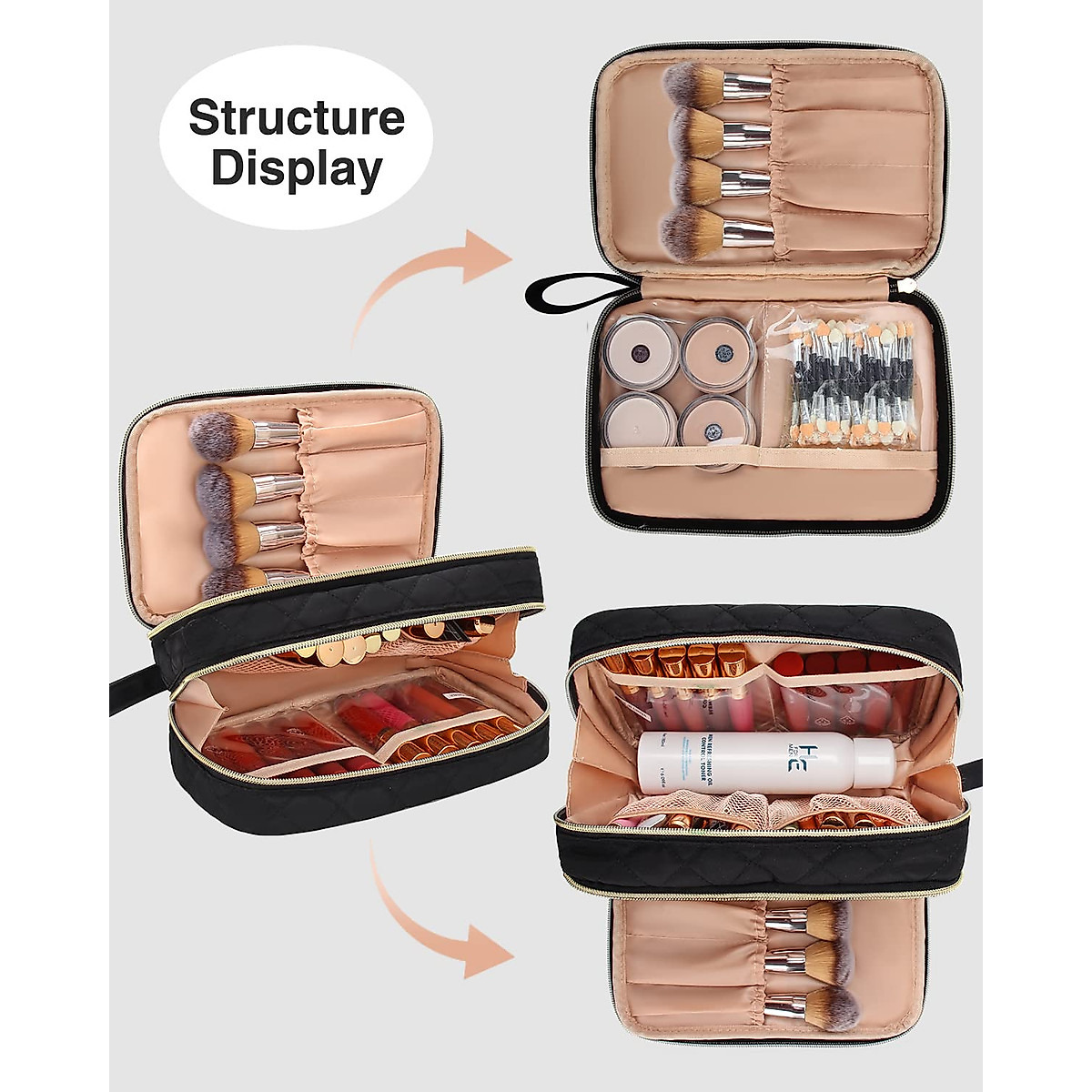 MONSTINA Travel Makeup Bag,Double Layer Toiletry Organizer Women Makeup Brush Bag Cosmetic Case Portable Large Wide-open Pouch Brush Holder Purse Bag