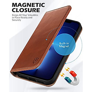 SHIELDON Case for iPhone 13 Pro Max 5G, Genuine Leather Folio Wallet Magnetic Shock Absorbing Case RFID Blocking Credit Card Holder Kickstand Compatible with iPhone 13 Pro Max 6.7" - Retro Brown