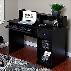OneSpace Essential Computer Desk, Hutch with Pull-Out Keyboard, Black