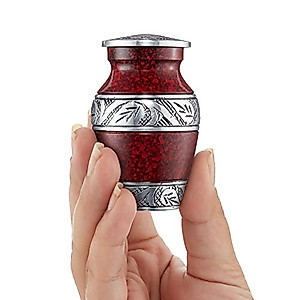 Reminded Small Cremation Keepsake Urns for Human Ashes, Set of 4 Red and Silver Miniature Urns with Velvet Case and Bags