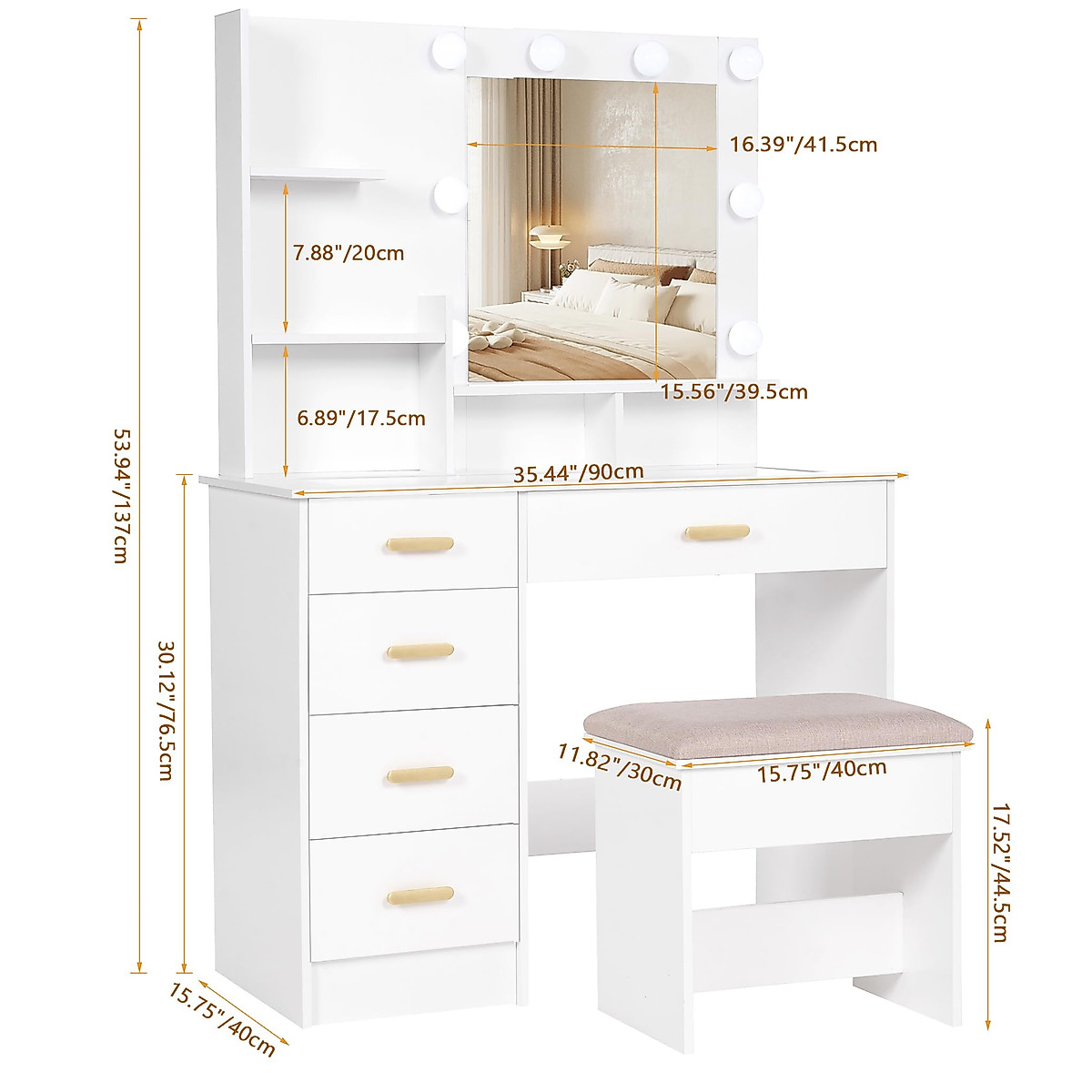 ANWBROAD Makeup Vanity Desk with Mirror and Lights Power Outlet 35.5" Vanity with Glass Top Dresser 3 Lighting Modes Brightness Adjustable White Vanity Desk with Drawers Shelves Bedroom Stool UBDT64W