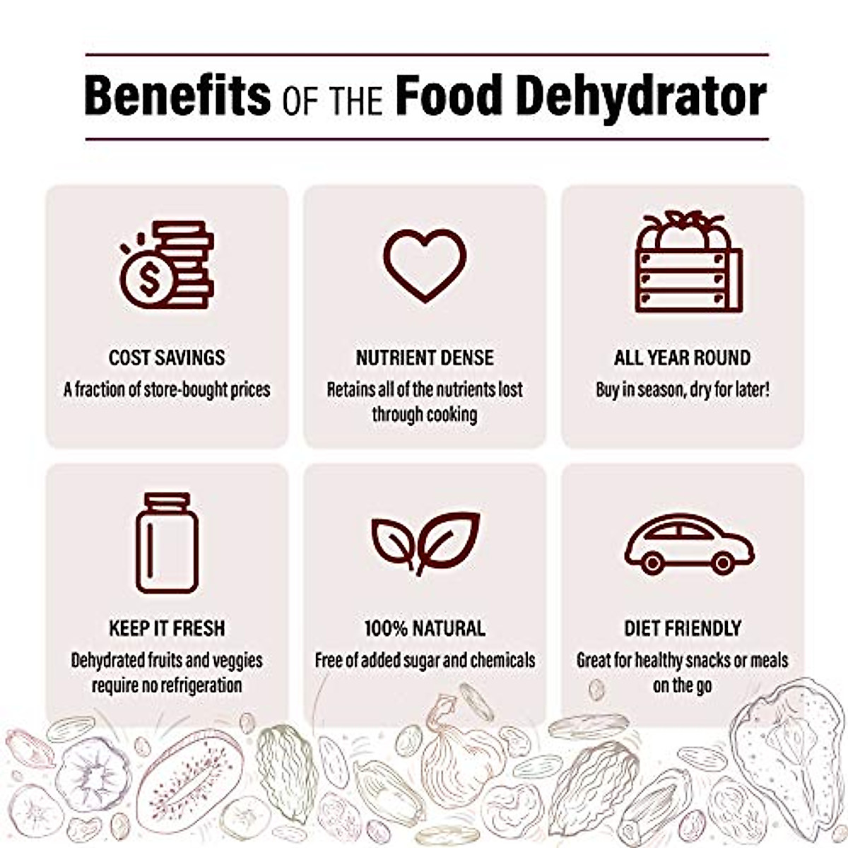 Gourmia GFD1680 Countertop Electric Food Dehydrator - 6 Drying Trays - Digital Countdown Timer - Preset Temperature Settings - Recipe Book Included