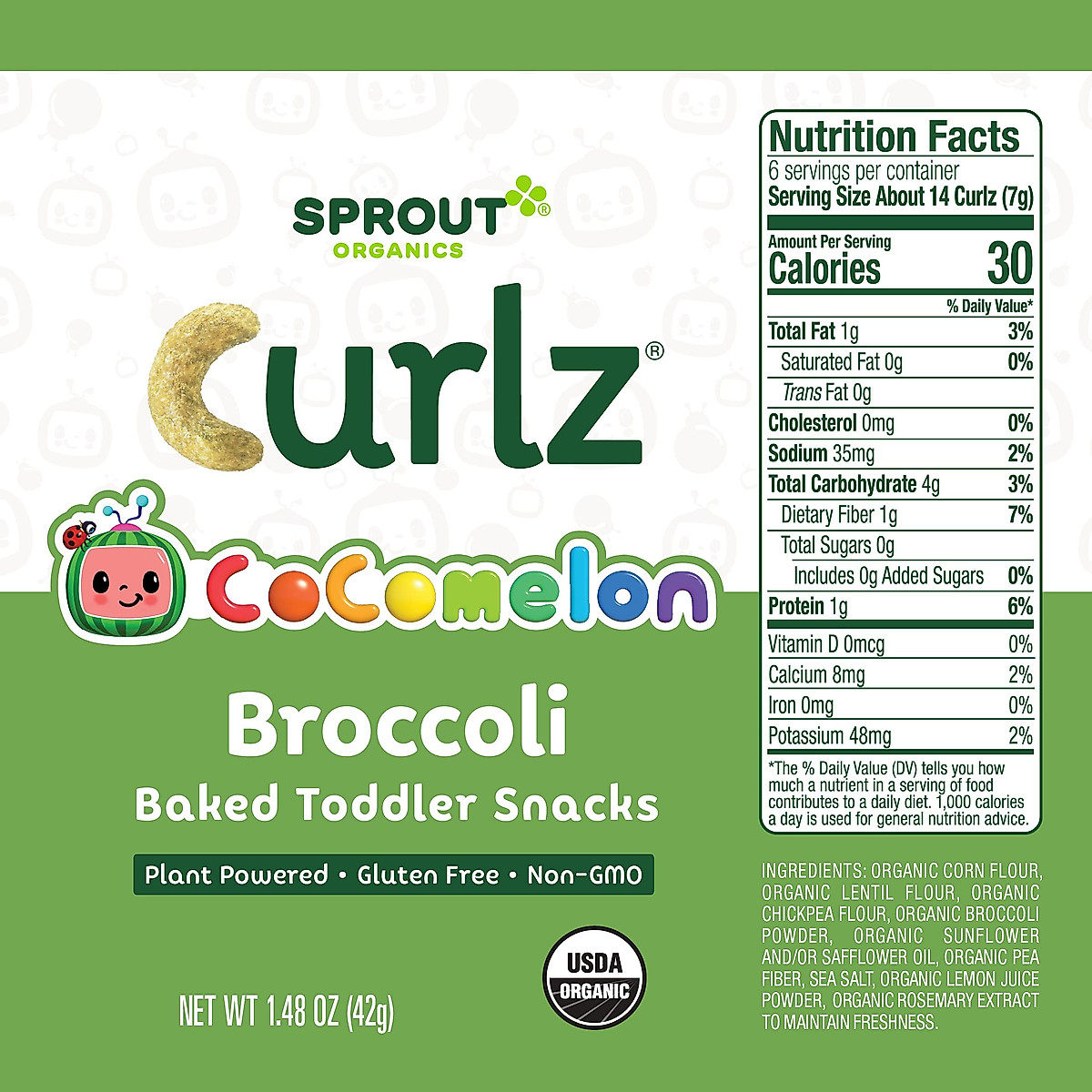CoComelon Sprout Organic Baby Food, Toddler Snacks, Broccoli Plant Power Curlz, 1.48 Ounce(Pack of 6)