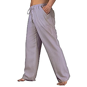 Men's Drawstring Loose Linen Beach Pants Lightweight Elastic Waist Yoga Lounge Cotton Trousers Pajamas (Grey, Large)