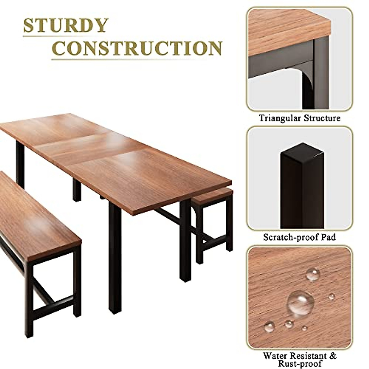 iPormis 3-Piece Dining Table Set for 6-8 People, 63'' Extendable Kitchen Table with Metal Frame and Wood Board, Space Saving Dinette for Dining Room, Laminate Finished, Easy Clean, Walnut