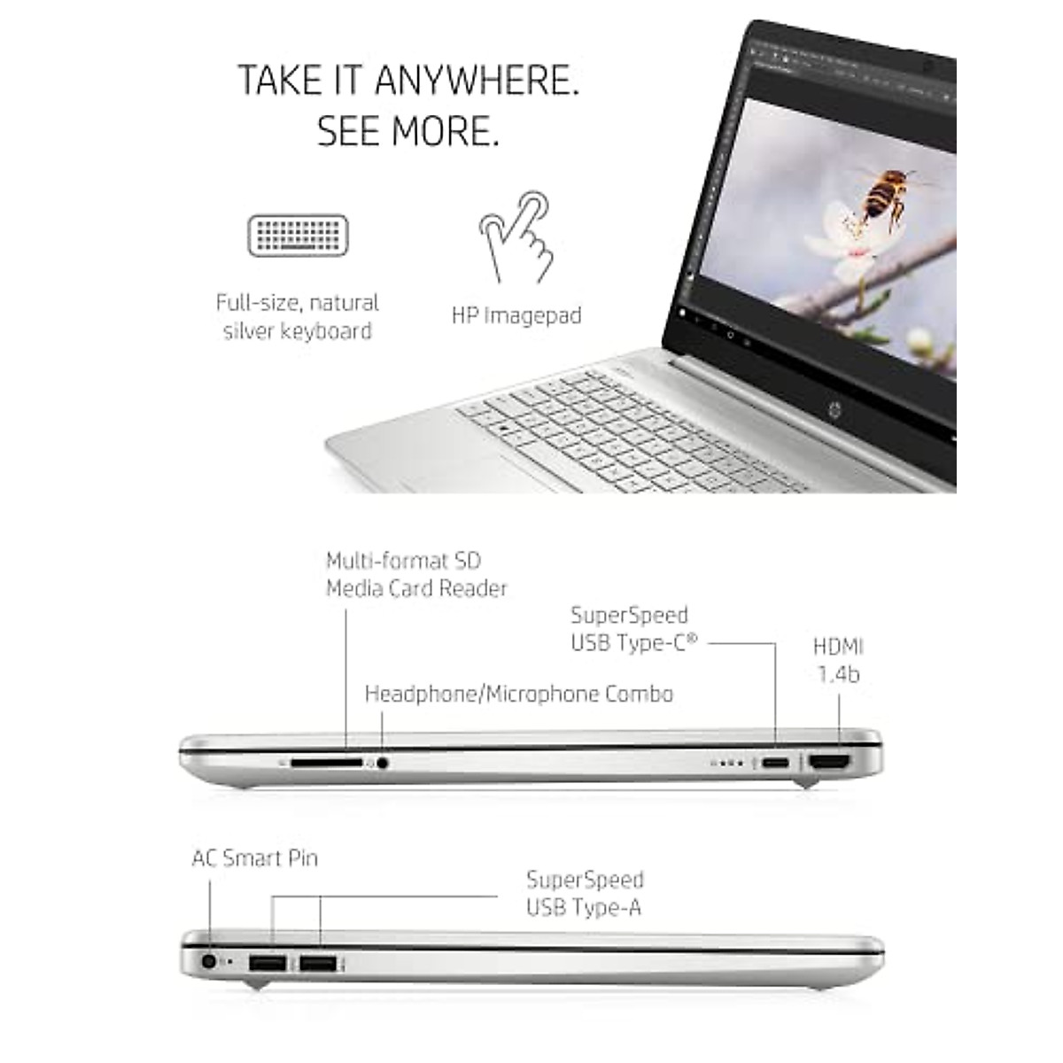 HP 15.6 Inch Laptop, Intel Iris Xe Graphics, 11th Generation Intel Core Processor, 8 GB RAM, 256 GB SSD, Windows 11 Home (15-dy2024nr, Natural silver)