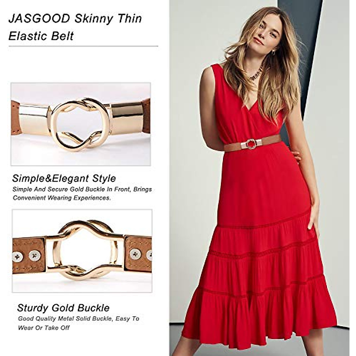 JASGOOD 2 Pack Women Retro Elastic Stretchy Metal Buckle Skinny Waist Belt 1 inch Wide