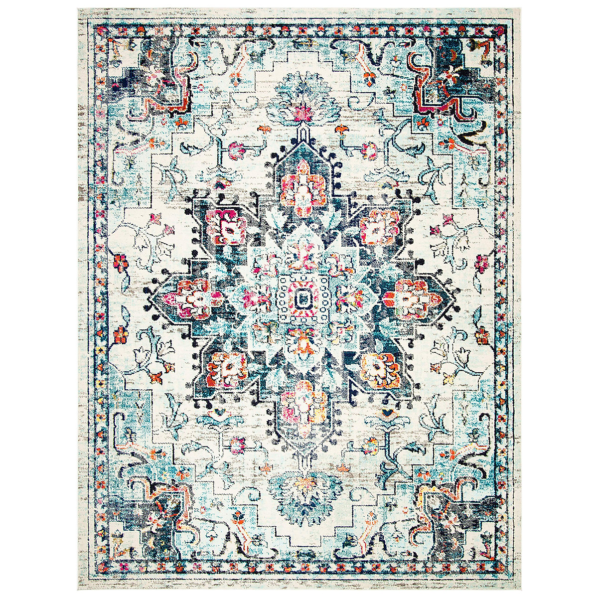 SAFAVIEH Madison Collection Area Rug - 9' x 12', Cream & Blue, Boho Chic Medallion Distressed Design, Non-Shedding & Easy Care, Ideal for High Traffic Areas in Living Room, Bedroom (MAD473B)