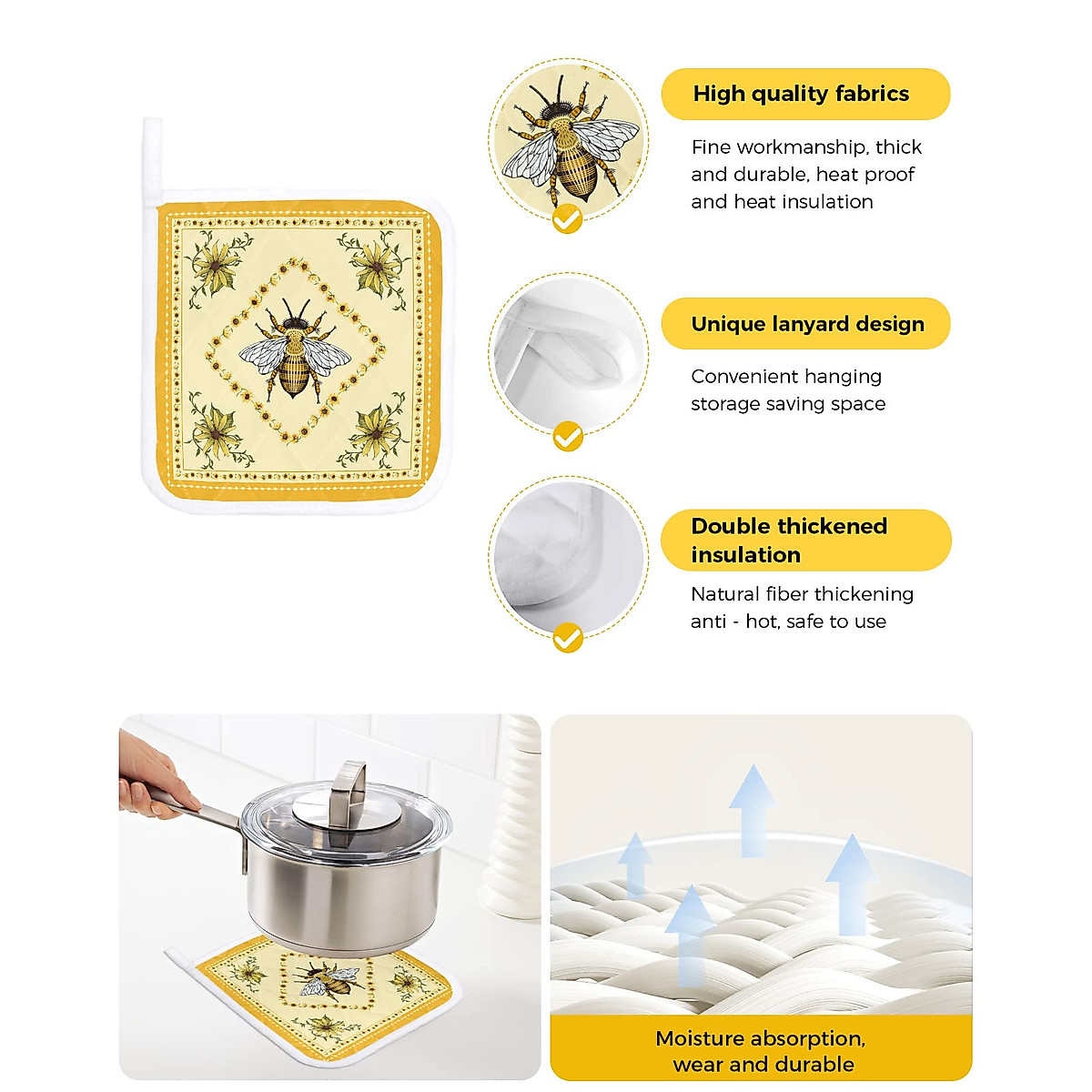 Retro Farm Honeybee Sunflower Potholders for Kitchen Set of 4, Heat Proof Pot Holder Vintage Yellow Washable Oven Hot Pads Potholder for Cooking Baking