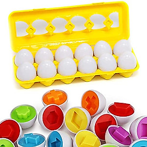 Matching Eggs - Toddler Toys - Color Shapes Matching Egg Set - Educational Color, Shapes and Sorting Recognition Skills - Sorting Puzzle for Kid Baby Toddler Boy Girl, Easter Basket Gift (12 Eggs)