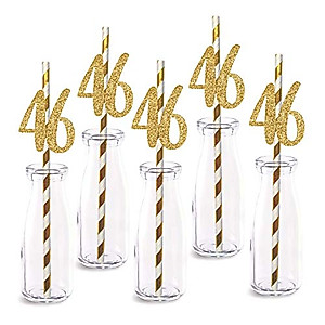 46th Birthday Paper Straw Decor, 24-Pack Real Gold Glitter Cut-Out Numbers Happy 46 Years Party Decorative Straws