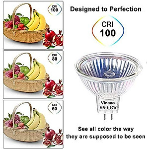 Vinaco MR16 Bulb，6 Pack MR16 Halogen Bulb 50W GU5.3 Base, 800LM High Output MR16 12V 50W Halogen, 2800K Warm White MR16 Dimmable with Clear Glass Cover, MR16 GU5.3 for Landscape, Track Lights