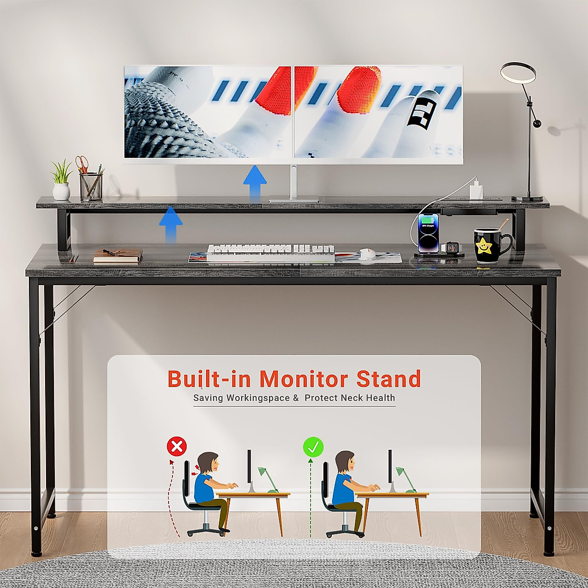 iSunirm 47 inch Computer Desk with Power Outlets, Gaming desk with LED Lights, Home Office Work Desk with Monitor Shelf, Modern Office Desk Study Writing Table for Small Spaces, Black Oak