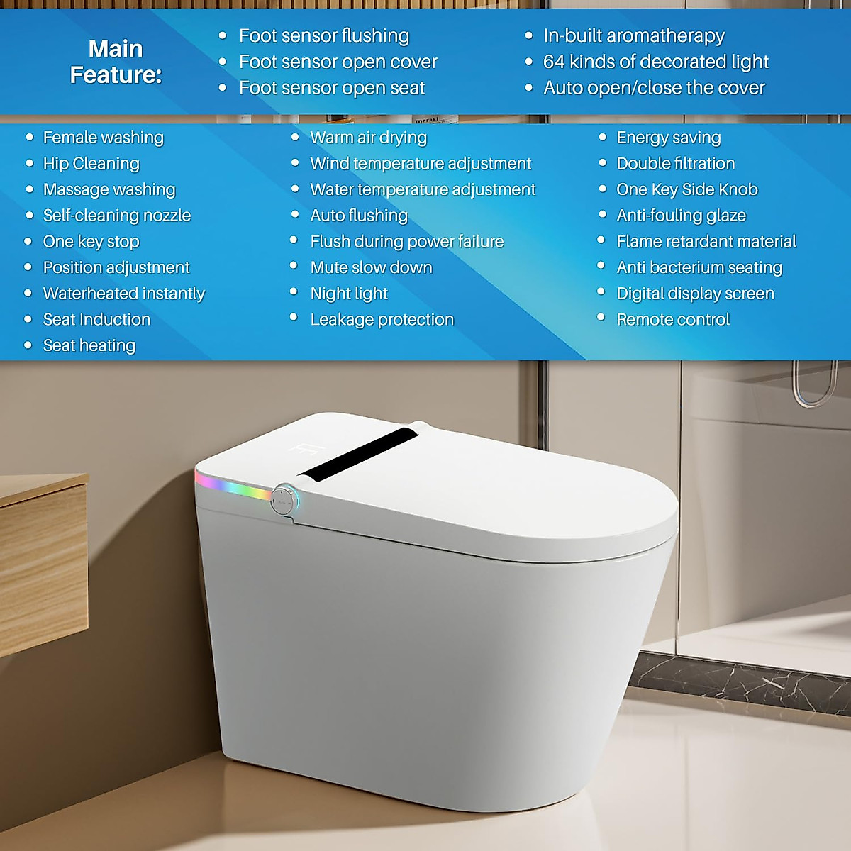 MYDEPOT Smart Bidet Toilet with Unlimited Heated Water/Adjustable Washing Settings/Air Dryer/LED-light, One Piece Bidet-Toilet with Remote Control/Auto Open&Close Cover