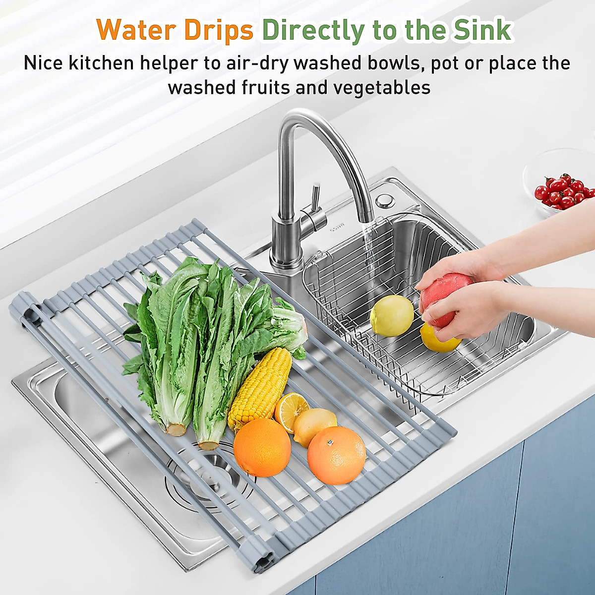 MERRYBOX Roll Up Dish Drying Rack, Over The Sink Dish Rack Foldable, Heat-Resistant, Anti-Slip Silicone Coated Steel Dish Drainer for Kitchen Counter, Multipurpose Roll Up Sink Drying Rack, 17" x 13"