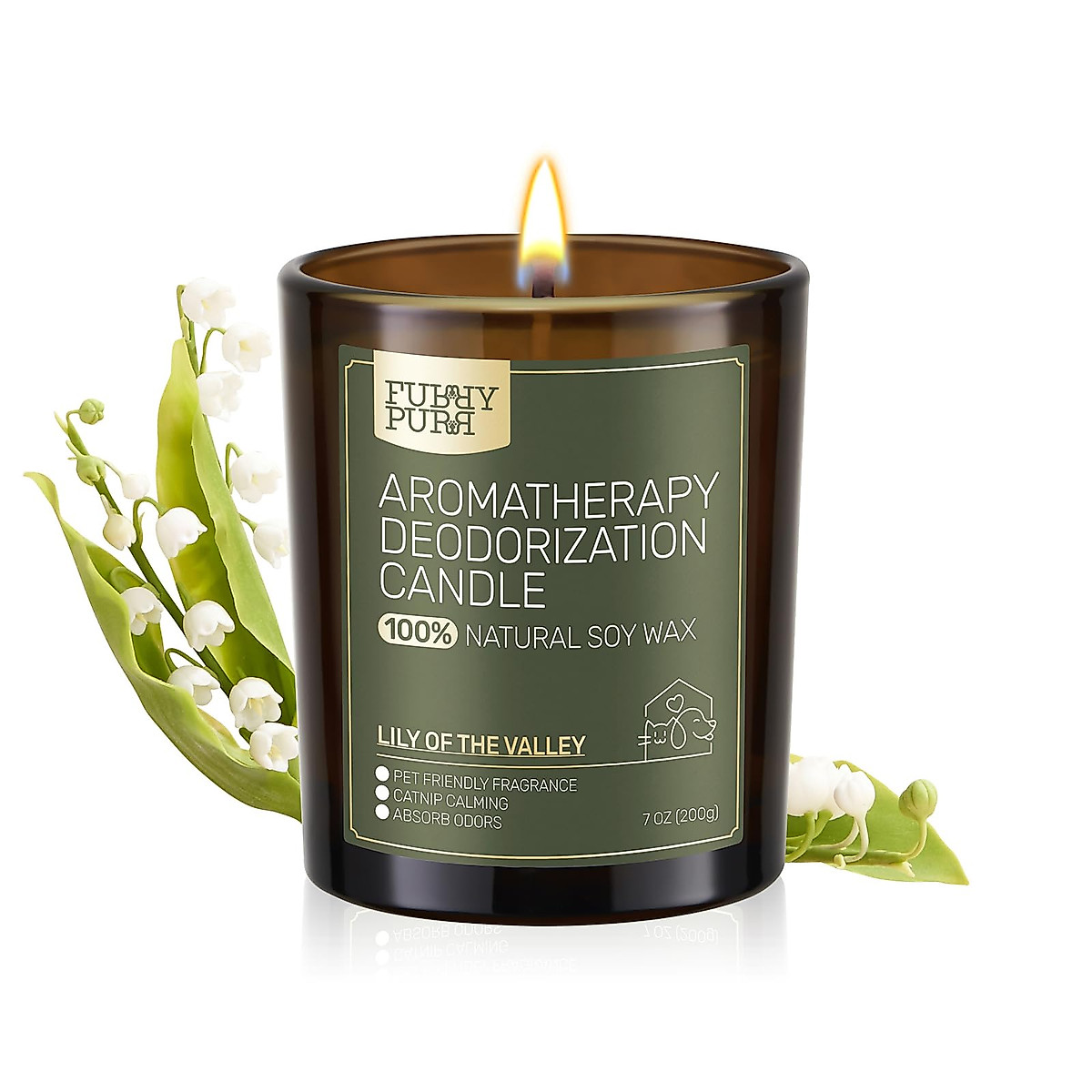 Furry Purr Candles for Home Scented, Pet Odor Eliminator Candle, Lily of The Valley, Aromatherapy Jar Candle Gifts for Women Yoga, Non-Toxic Soy Wax & Catnip Essential Oil, Animal Lover Gift, 7 Oz