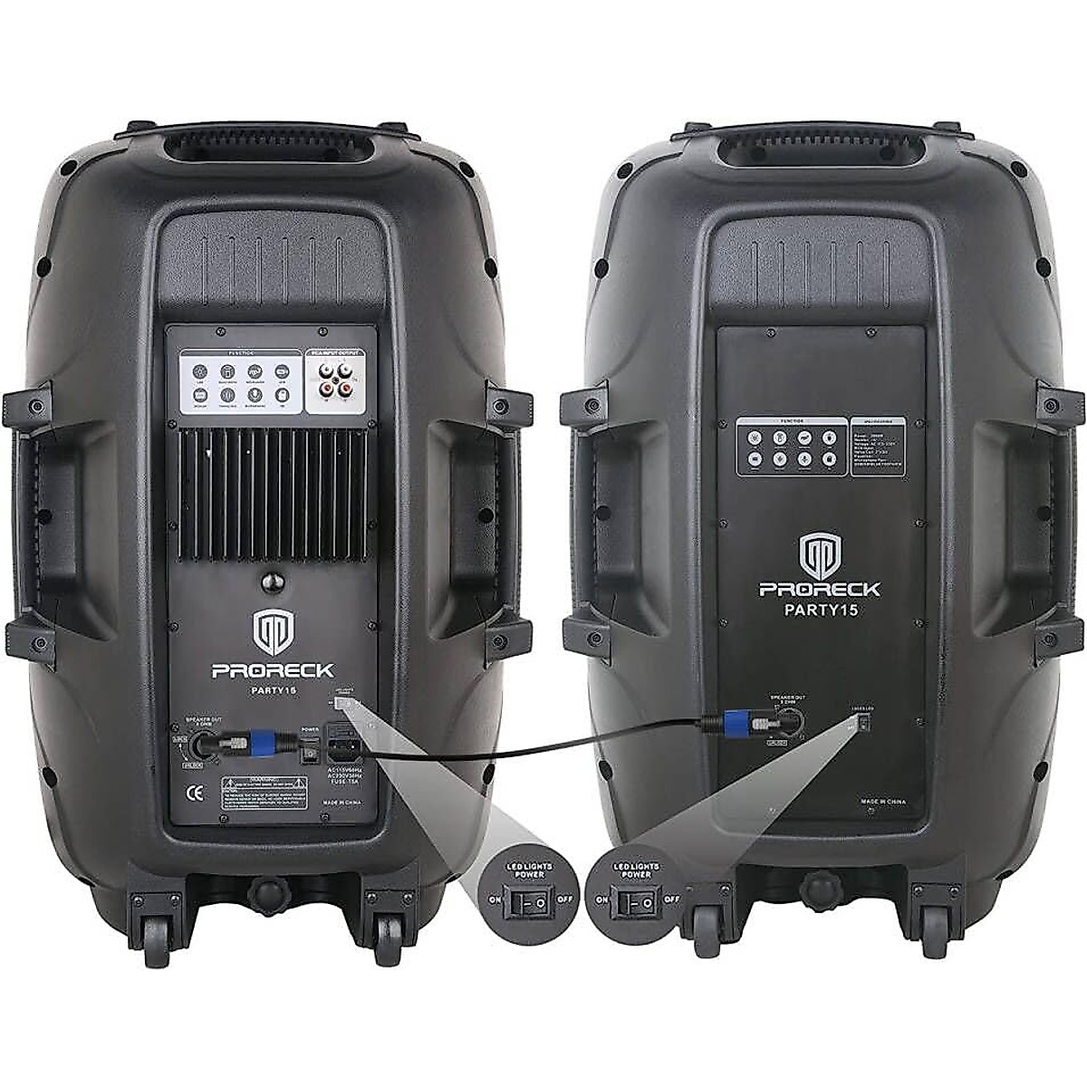 PRORECK Party 15 Portable 15-Inch 2000 Watt 2-Way Powered PA Speaker System Combo Set with Bluetooth/USB/SD Card Reader/FM Radio/Remote Control/LED Light