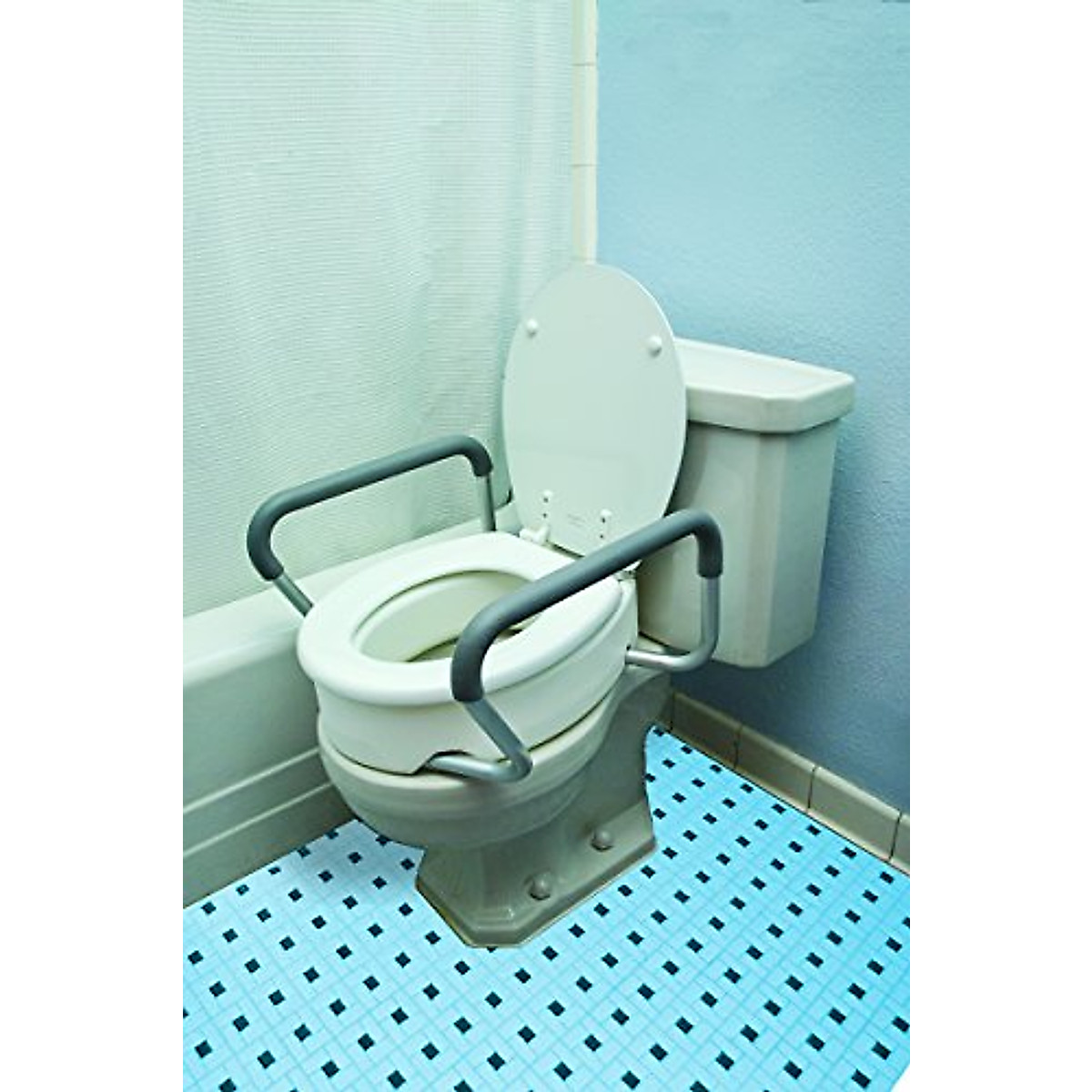 Essential Medical Supply Raised Elevated Toilet Seat Riser for an Elongated Toilet with Padded Aluminum Arms for Support and Compatible with Toilet Seat, Elongated, 19 x 14 x 3.5