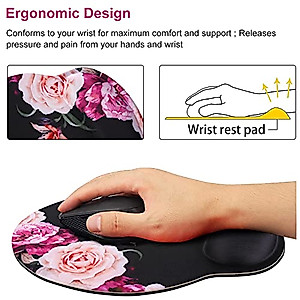 iLeadon Mouse Pad Wrist Support, Ergonomic Mouse Pad with Wrist Rest, Non-Slip Rubber Base Memory Foam Mousepad for Home Office Computer, Laptop, Easy Typing & Pain Relief, Adorable Peony Flower