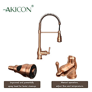 Copper Kitchen Faucet with Soap Dispenser, Single Handle Solid Brass High Arc Pull Down Sprayer Head Kitchen Sink Faucets with Deck Plate OH518