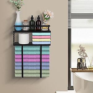 HOTEC Wall-Mounted Towel Rack for Bathroom with Large Capacity Shelf Space Saving Towel Holder for Bathroom Storage, for Small Bathrooms, Apartments, RVs Durable and Stylish Metal and Wood Design