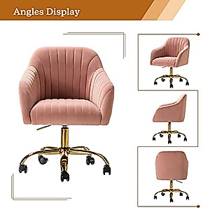 HULALA HOME Velvet Home Office Desk Chair, Modern Cute Computer Task Chair, Wheels Swivel Height Adjustable Upholstered Vanity Chair for Women, Girls (Gold Base, Pink)