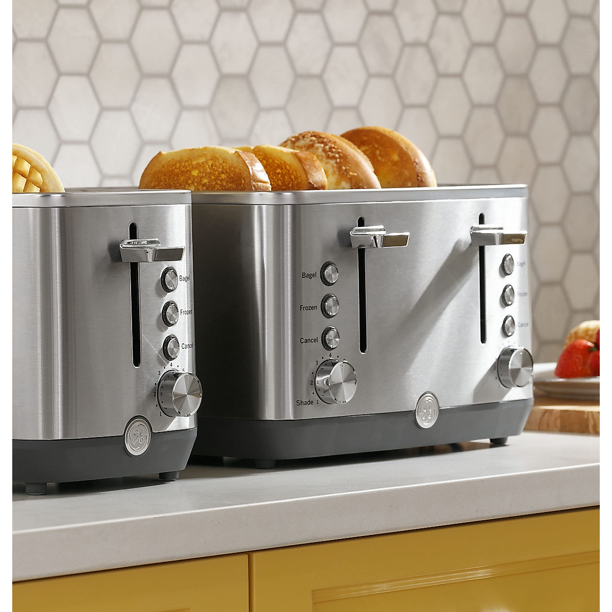 GE Stainless Steel 4 Slice Toaster | Extra Wide Slots for Bagels, Breads, Waffles & More | 7 Shade Options | Countertop Kitchen Essentials | 1500 watt
