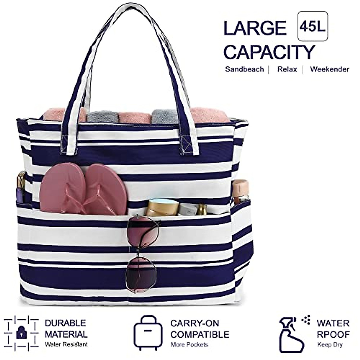 LEDAOU Beach Bag Sandproof Women Tote Bag Pool Bag with Zipper for Gym Grocery Travel with Wet Pocket (Blue White Stripes)