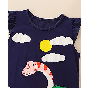 Toddler Girl's Summer Dresses Outfits Clothes,Dinosaur Cotton Flower Short Sleeve Casual Clothing Navy Dinosaur Size 6