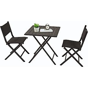RICNOD Textilene Folable Patio Bistro Set, Padded Aluminum Rustproof Outdoor Seating Set with Table and 2 Chairs, for Porch, Garden, Backyard, Dark Grey