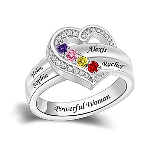 Seecoco Personalized Mothers Rings with 1-8 Simulated Birthstones Heart Mother Ring with Names Custom Mother Daughter Ring Jewelry for Women Family Ring for Mom Wife Grandmother (4 Stone)