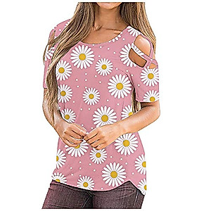 wodceeke Women's Floral Off Shoulder T-shirt Plus Size Round Neck Tee Summer Casual Sports Tops (Pink, XXL)