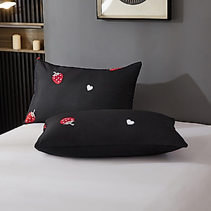 LAMEJOR Black Duvet Cover Set Twin Size Red Strawberry Print Soft Bedding Set Comforter Cover (1 Duvet Cover + 2 Pillowcases)