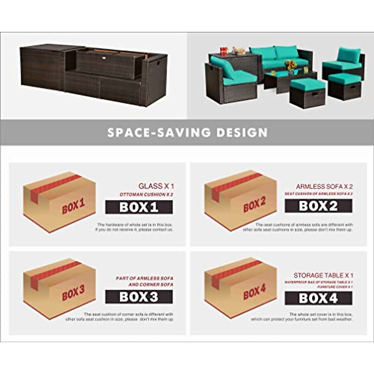 Tangkula 8 Piece Patio Furniture Set, Patiojoy Outdoor Space Saving PE Rattan Sectional Sofa Set for 6 with Waterpfoor Cover, for Garden, Deck, Poolside and Balcony (Turquoise)