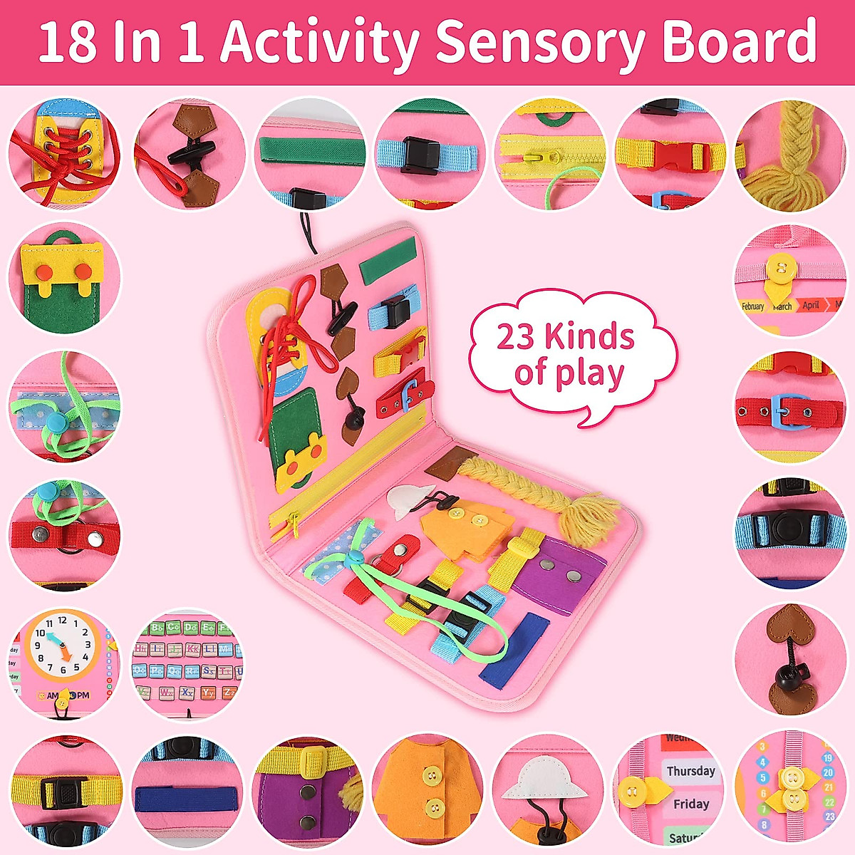likrolwe Toddler Busy Board, Montessori Sensory Board for Learning Fine Motor Skills, Autism Preschool Activities Educational Travel Toys for 3+Year Old