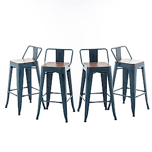 Andeworld Bar Stools Set of 4 Counter Height Stools Industrial Metal Barstools with Wooden Seats(24 Inch, Distressed Navy)