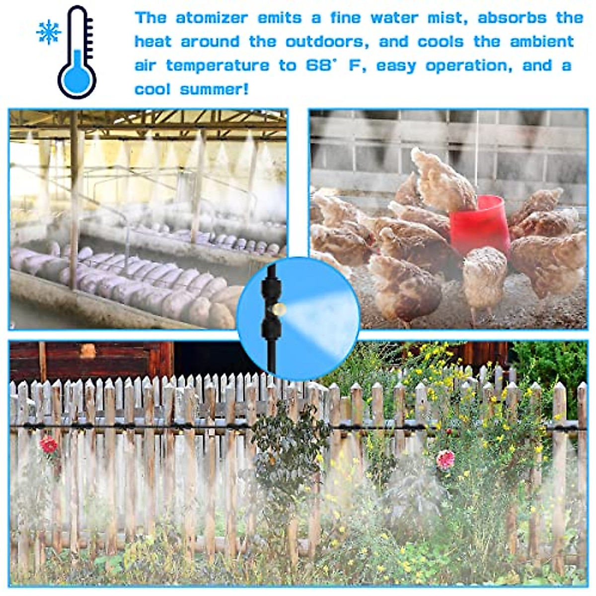 Misting Cooling System, Misters for Outside Patio Greenhouse Garden with 29.5FT(9M) Misting Hose, 10 Brass Mist Nozzles, 3/4" Brass Adapter (Black)