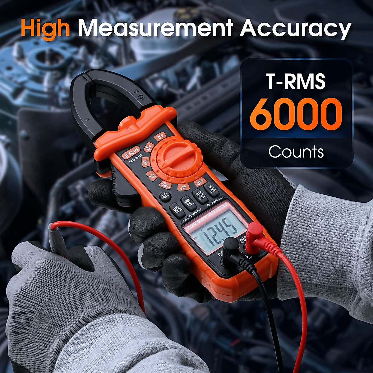 FKM Clamp Meter, Multimeter T-RMS 6000 Counts, AC/DC Current and Voltage Tester Auto-ranging, Measure Current Voltage Temperature Capacitance Resistance Diodes Continuity Duty-Cycle, Backlight & LED