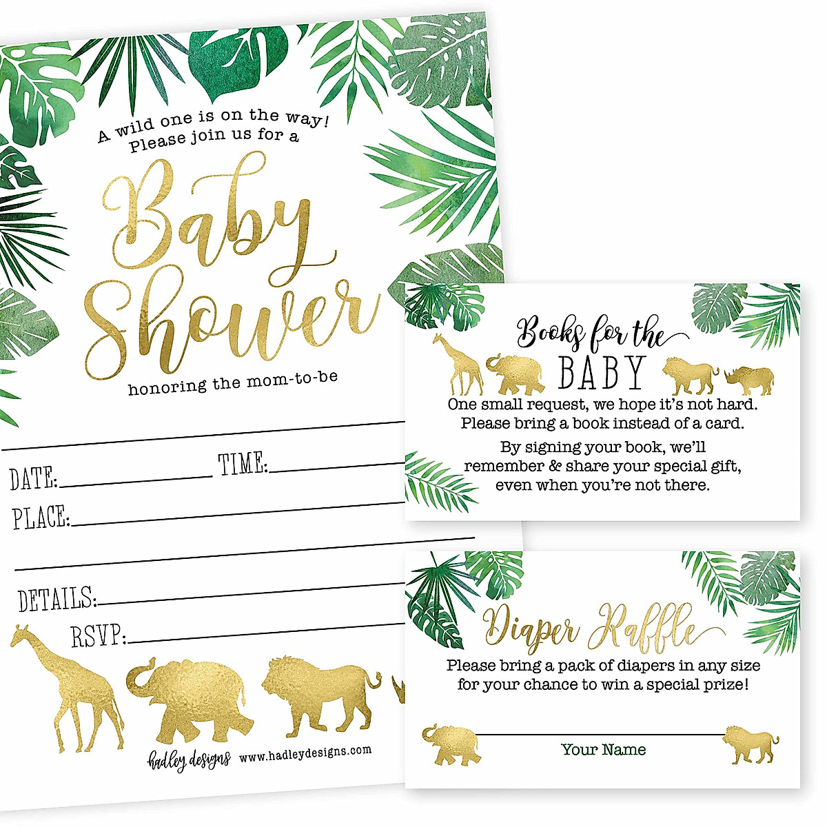25 Safari Baby Shower Invitations, 25 Books For Baby Shower Request Cards, 25 Baby Shower Diaper Raffle Tickets For Baby Shower Games To Play, Cute Jungle Animal Write in Diaper Raffle Cards
