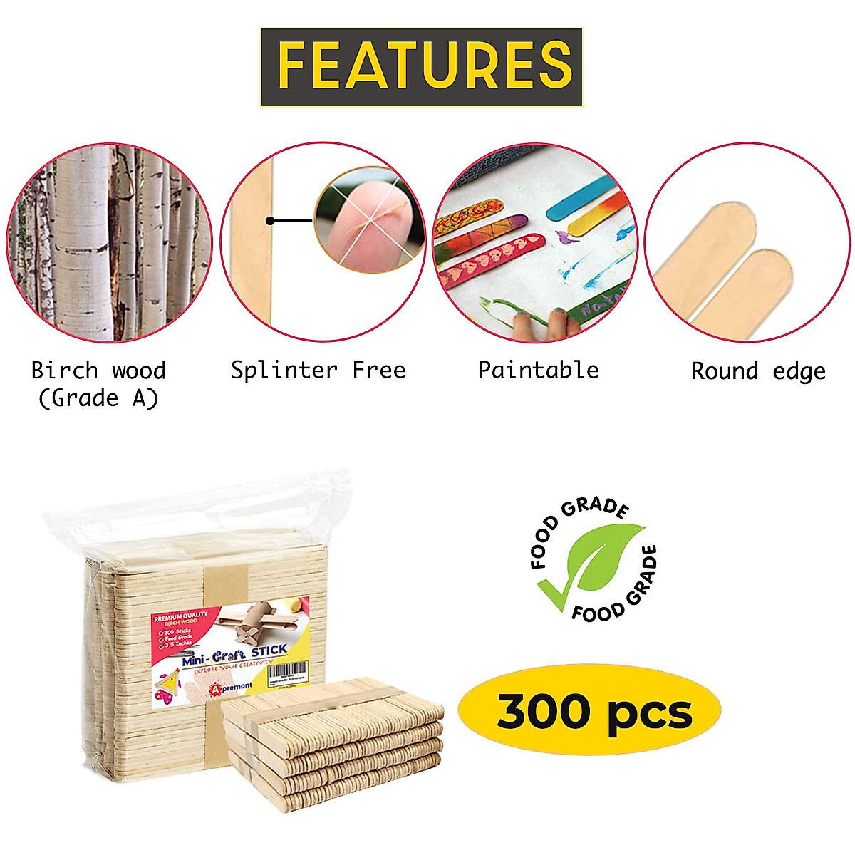 Apremont 300 Pcs Mini Natural Wooden Food Grade Craft Sticks - Ice Cream Stick - Popsicle - 3.5 inch Length - Suit Crafting, Stirring, Paddle, Waxing, Small Ice Pop Stick for DIY Kids Popcicle