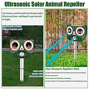 Solar Animal Repeller, Waterproof Outdoor Ultrasonic Animal Repeller, Motion Detection,LED Flashing Light Ultrasonic Pest Repellent to Keep Away Rat, Dog, Cat,Squirrel, Deer, Raccoon, Skunk, Rabbit