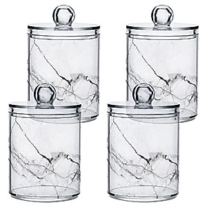 SUABO Plastic Jars with Lids,White Marble TextureStorage Containers Wide Mouth Airtight Canister Jar for Kitchen Bathroom Farmhouse Makeup Countertop Household,Set 4