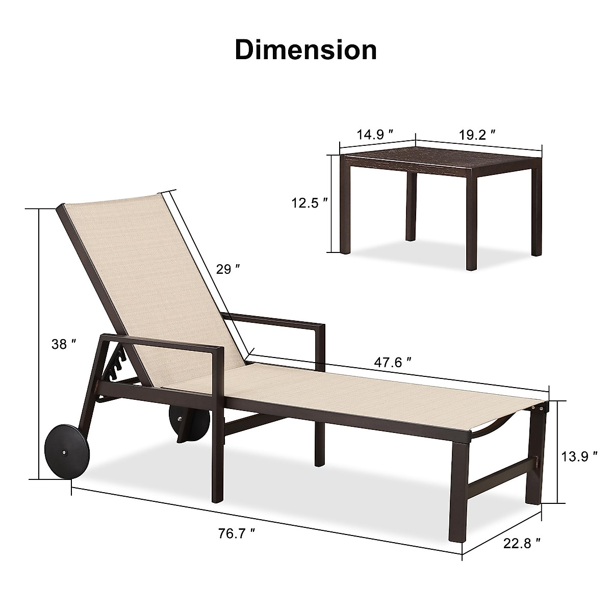 PURPLE LEAF Pool Lounge Chairs Set of 3 Aluminum Outdoor Lounge Chairs with Wheels and Armrests Adjustable Patio Lounge Chairs for Deck Outside Lawn Garden, Cream