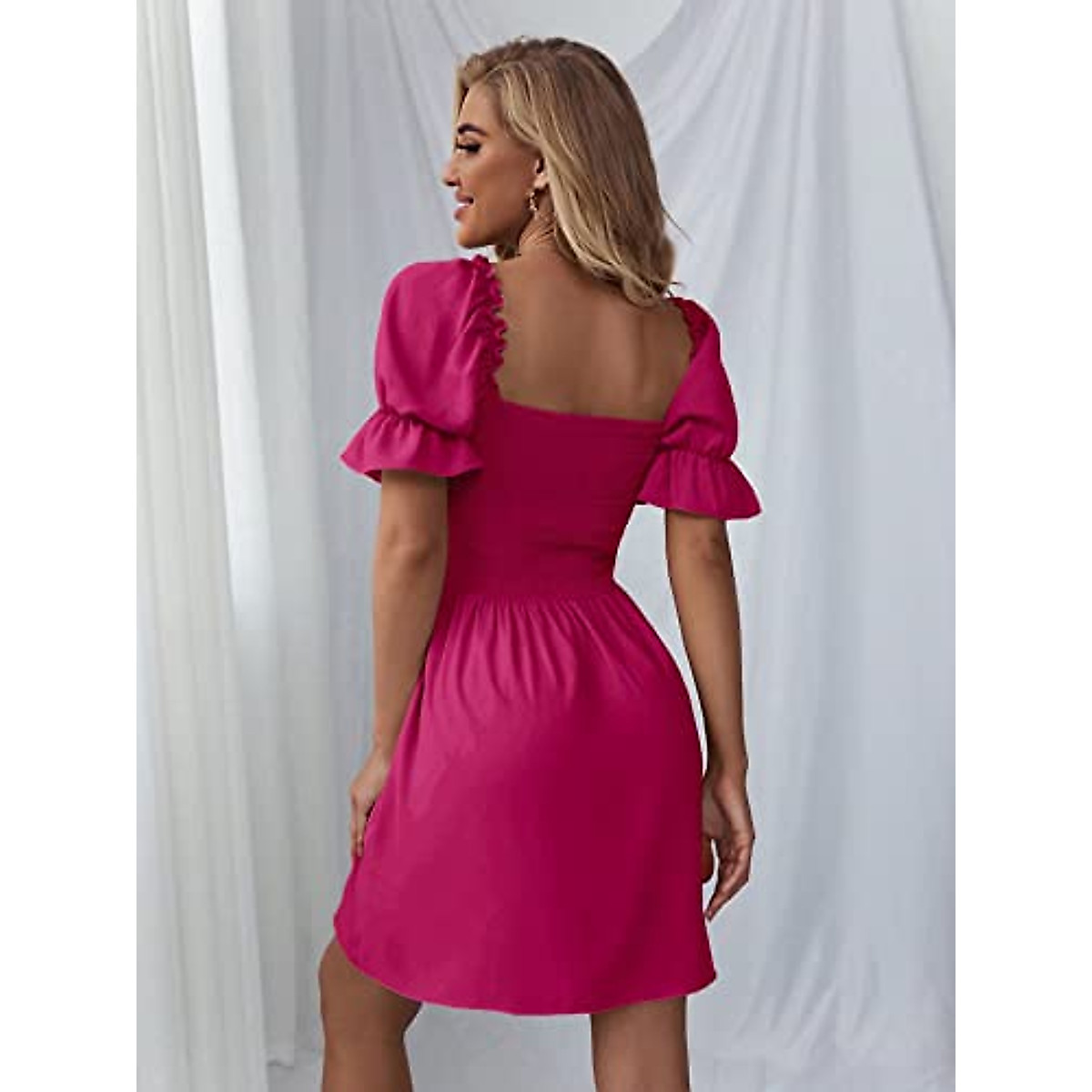 WDIRARA Women's Square Neck Flounce Short Sleeve Shirred Ruffle Hem Dress Hot Pink Solid L