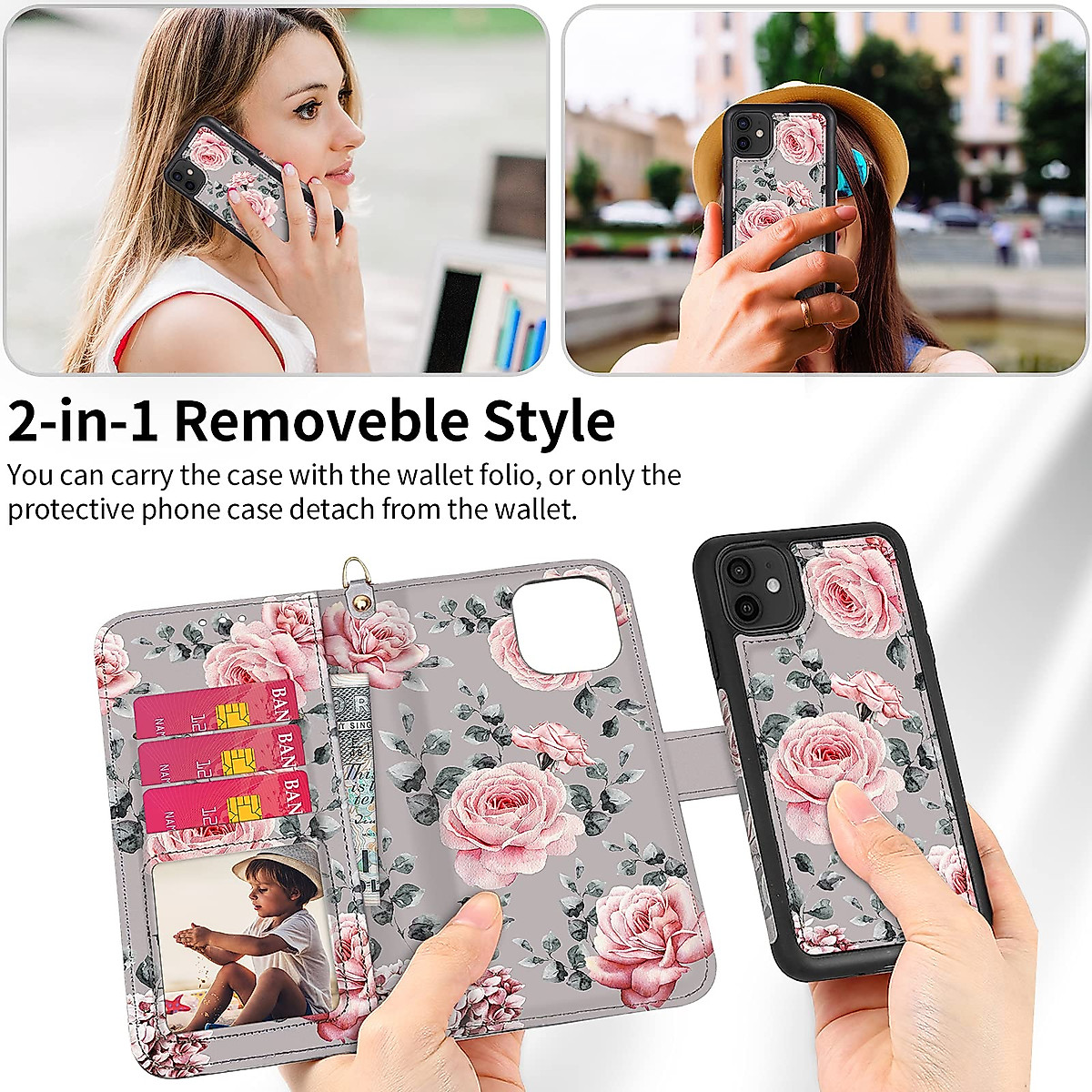 HOGGU Compatible for iPhone 11 Wallet Case, Magnetic Detachable Case Wallet with RFID Blocking Card Holder, Hand Strap, Flip Folio PU Leather Cover Case with Floral Flower Design for Women(Gray)